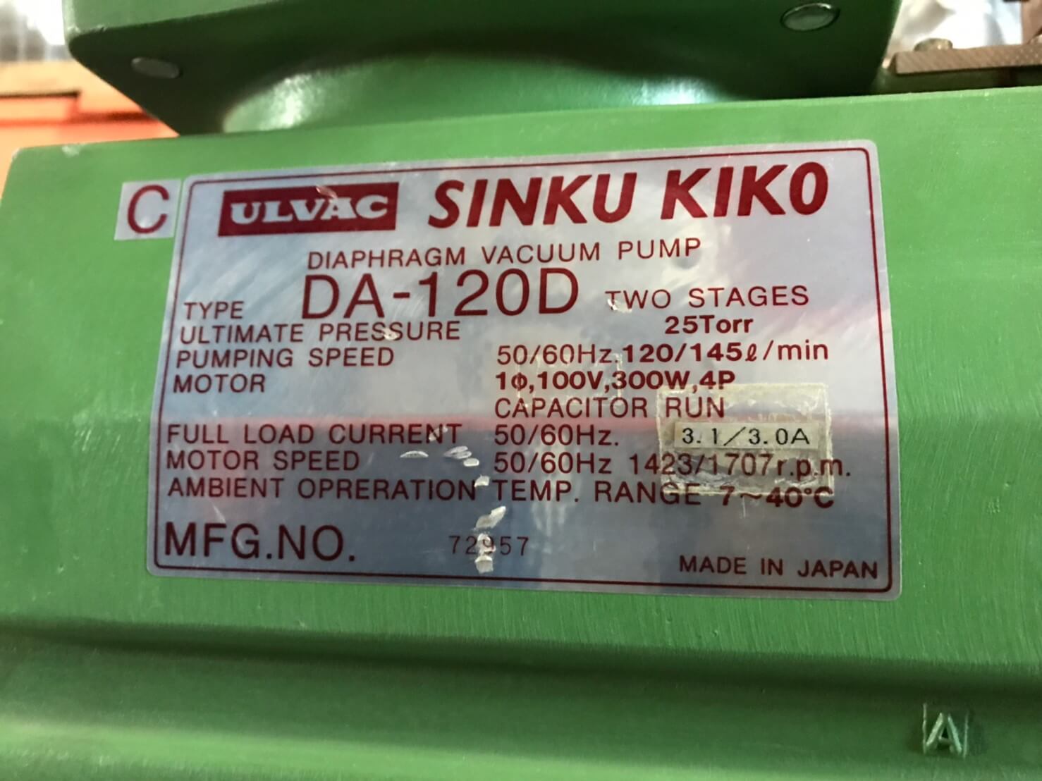 ULVAC SINKU KIKO Diaphragm Dry Vacuum Pump DA-120D-茂塏科技有限公司的產品專區